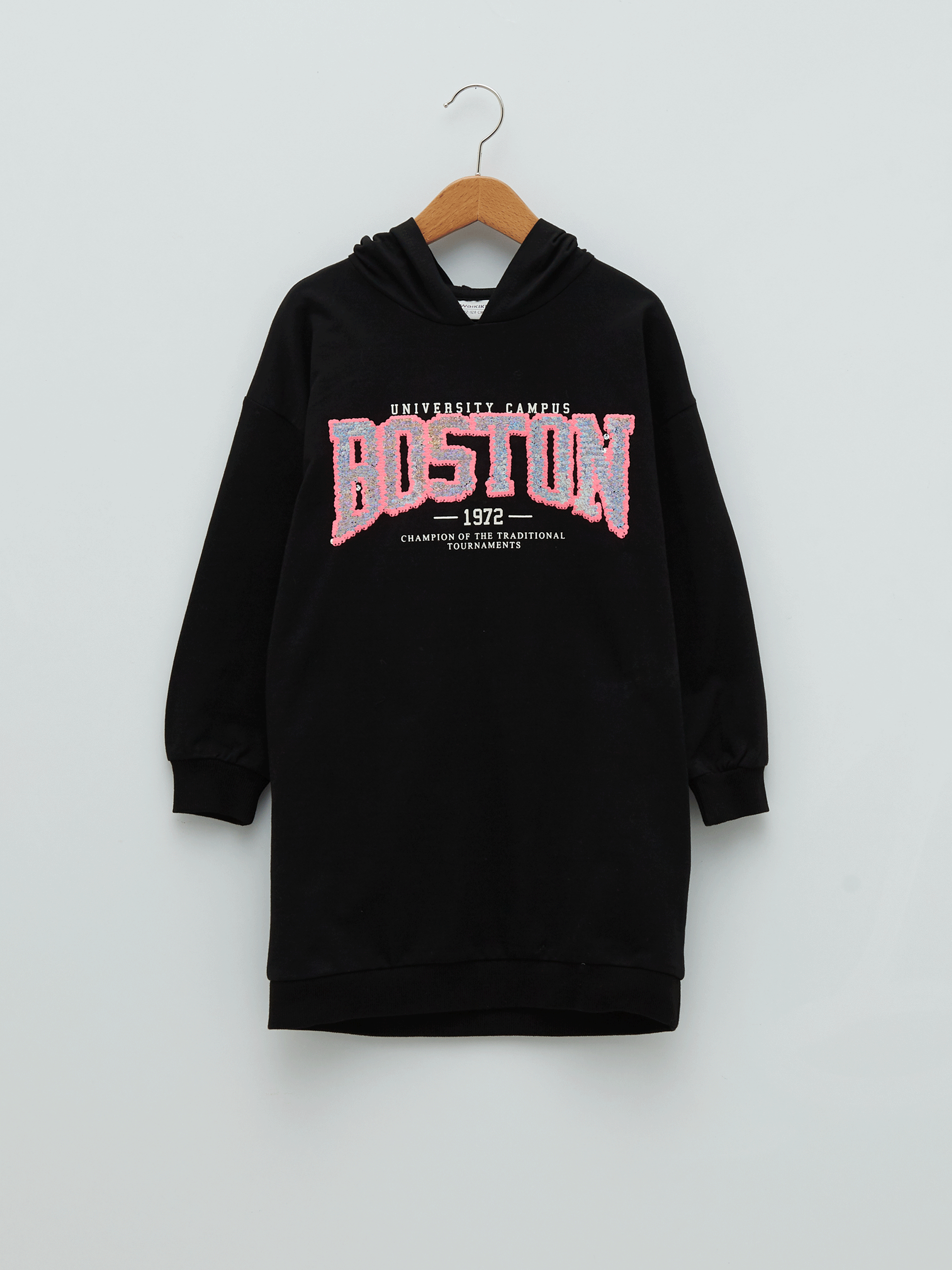 Kapüşonlu Baskılı Çift Yönlü Payetli Uzun Kollu Kız Çocuk Elbise