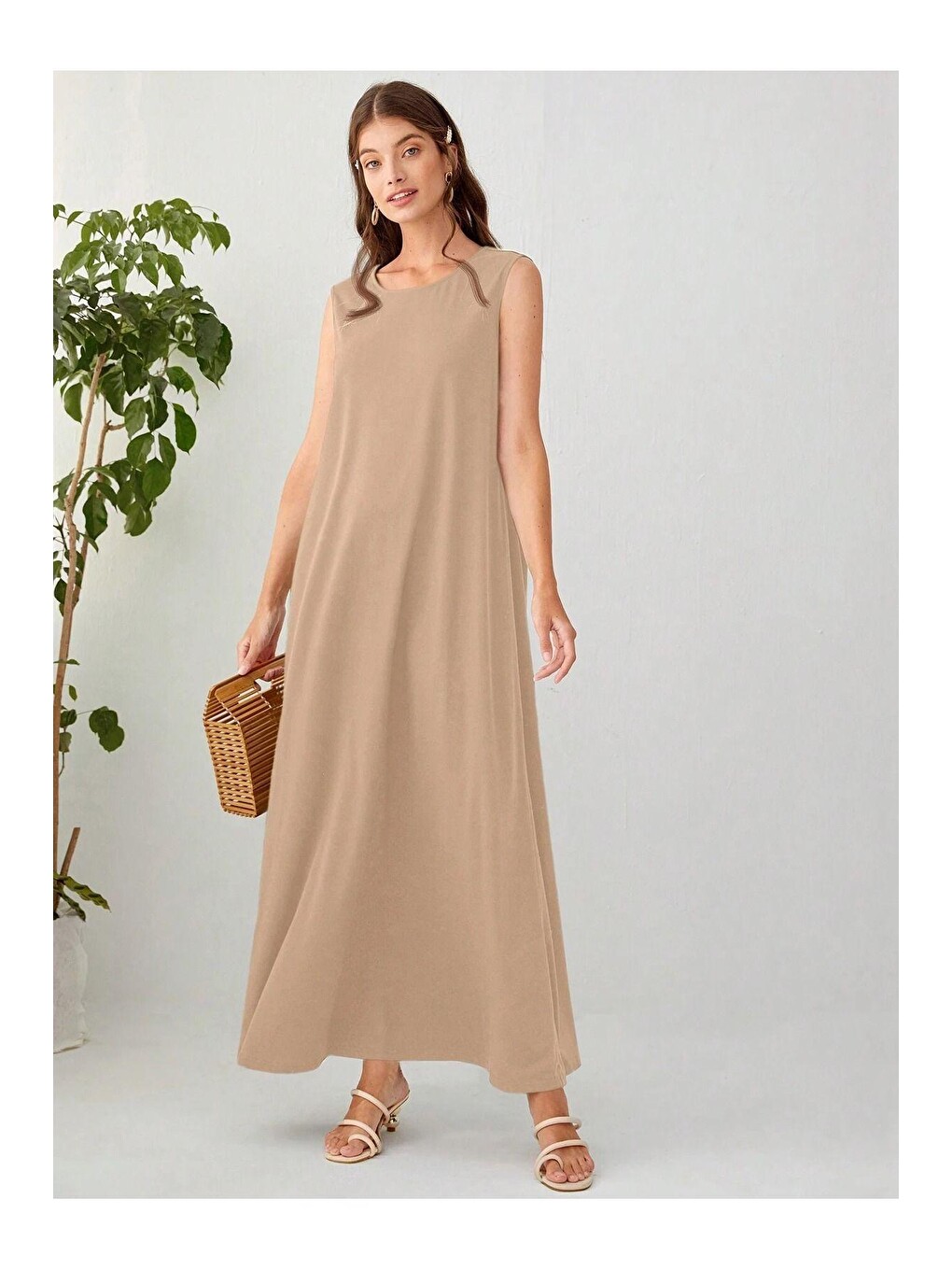Trendseninle Kahverengi Camel Kolsuz %100 Pamuk Penye Astar Elbise ...