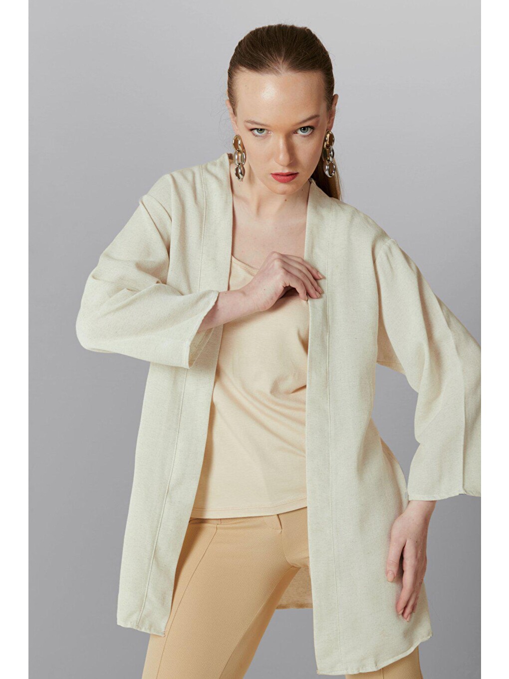 Hakke Bej Keten Sade Kimono - S000134088-26429 | LCW