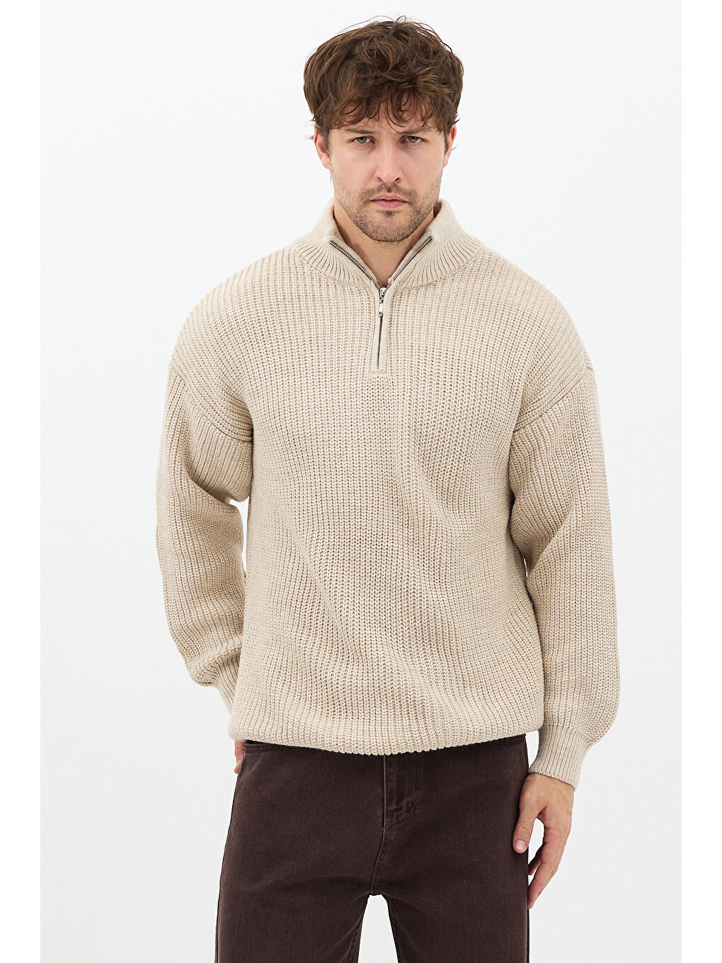 Tarz Cool Bej Erkek Oversize Fermuarlı Balıkçı Triko Kazak - S000476091 ...