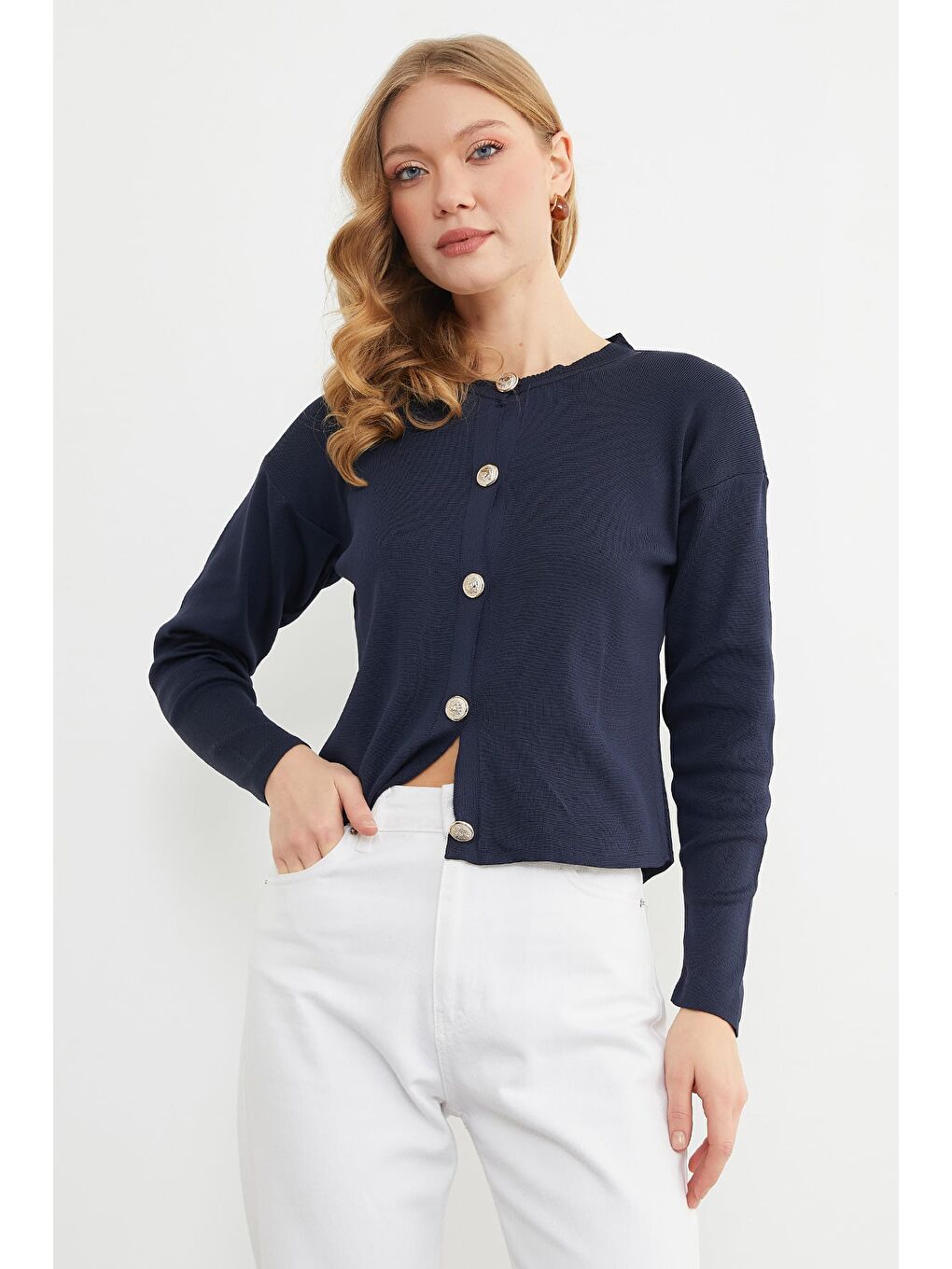 Fullamoda Lacivert Basic Düğmeli Bisiklet Yaka Triko Hırka - S000490927 ...