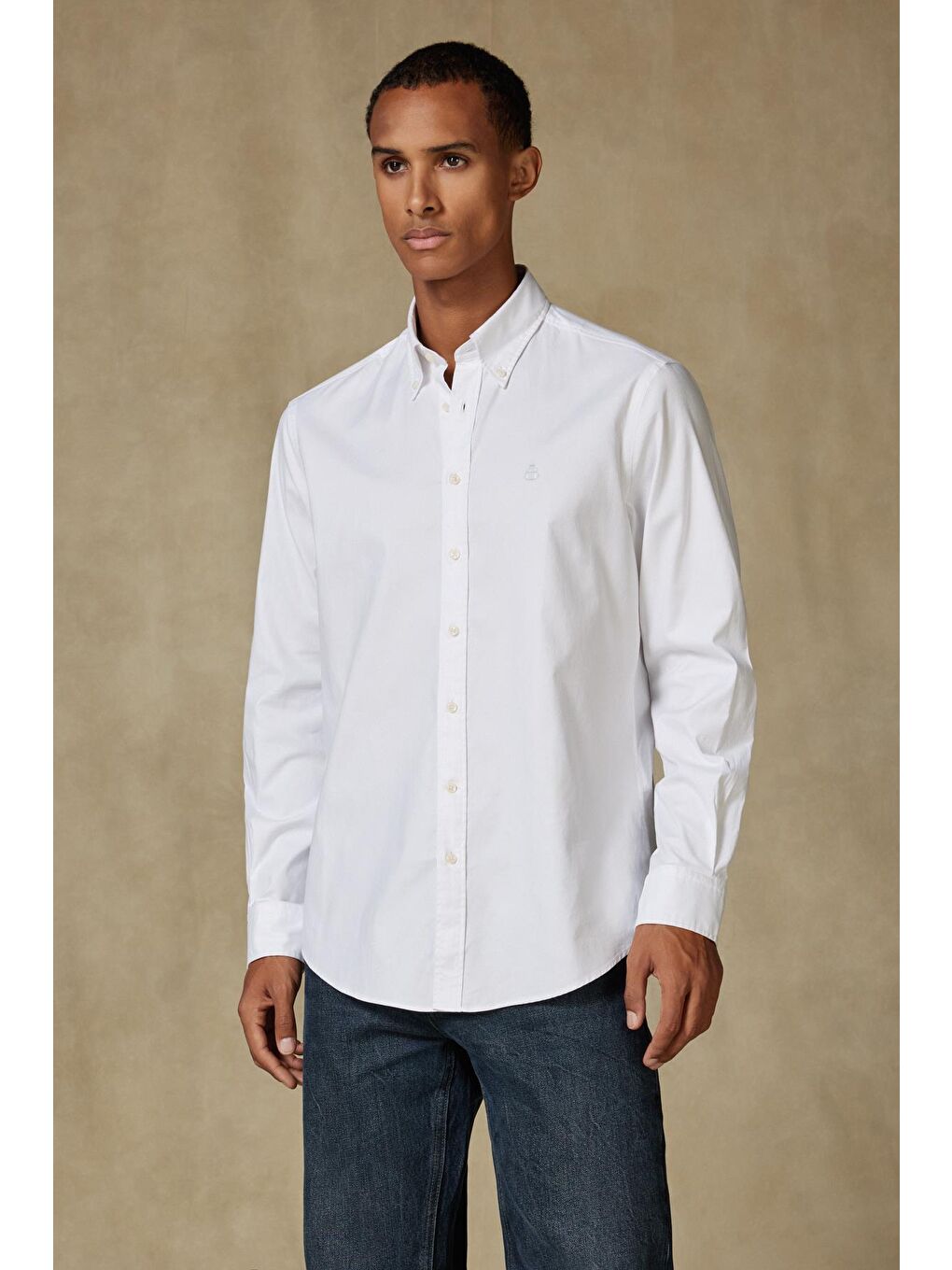 ABBATE Luca Oxford Stretch Pamuk Karışımlı Comfort Fit Beyaz Düğmeli Yaka Erkek Düz Gömlek ...