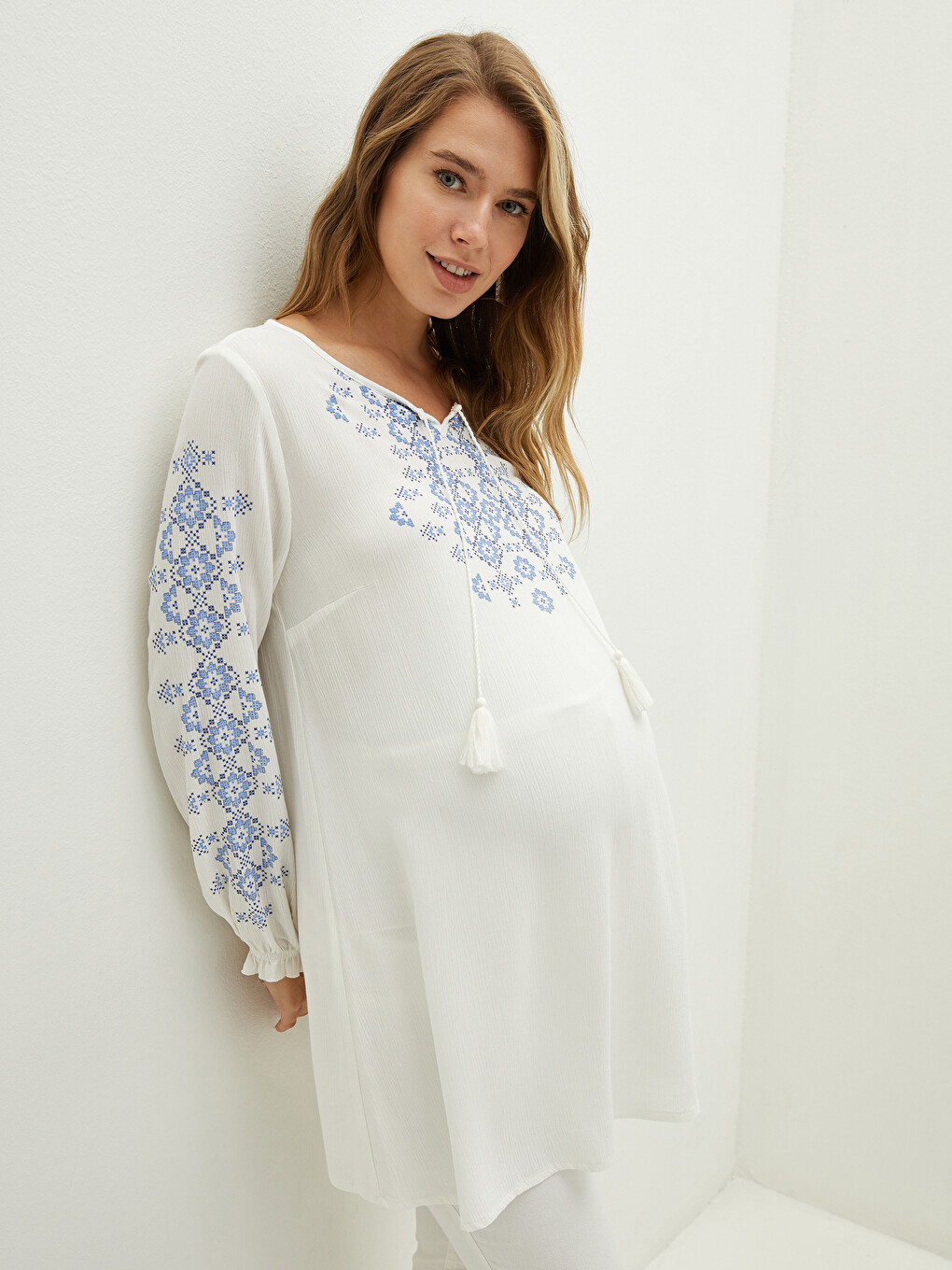 LCWAIKIKI Maternity ياقة مربوطة مطبوعة كم طويل قصة واسعة نسيج كِشكِش ...