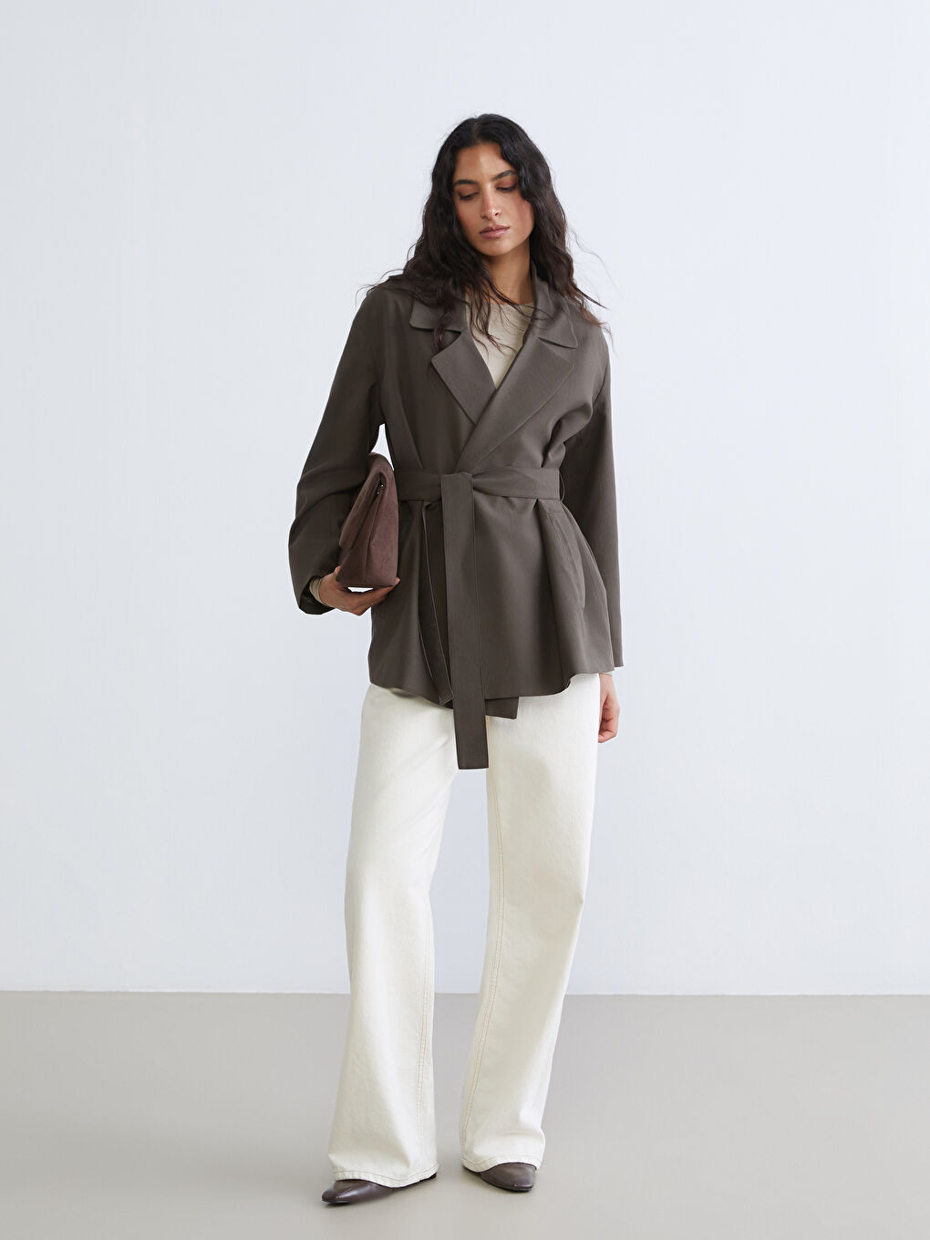 LCW Modest Haki Kuşaklı Oversize Kadın Blazer Ceket - W5NB21Z8-11G | LCW