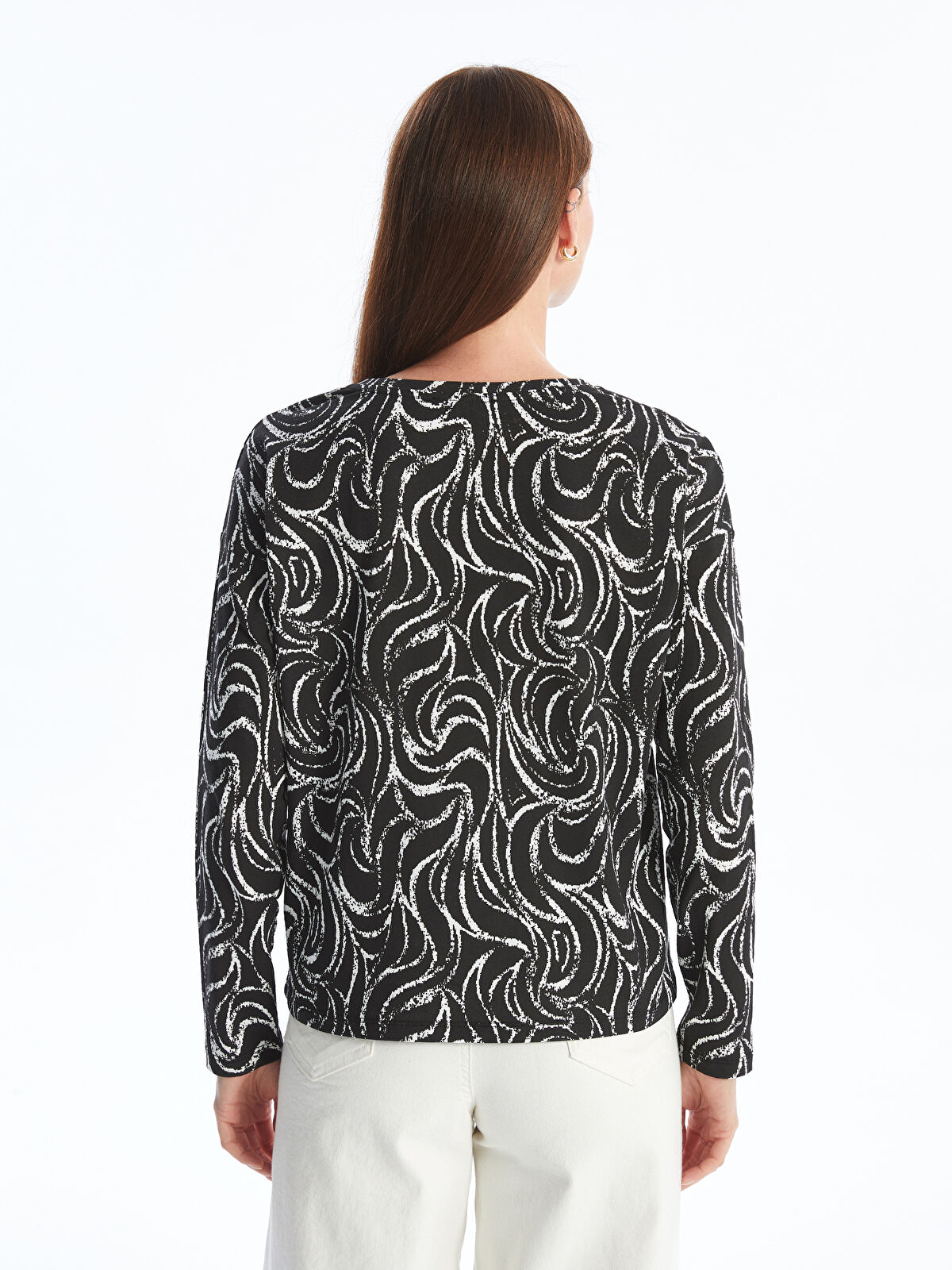 Siyah V Yaka Desenli Uzun Kollu Kadın Bluz - W4GM98Z8-LQJ | LCW