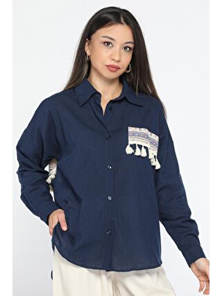 Lacivert Arkası Desenli Püskül Detaylı Kadın Keten Gömlek - S000208125-21164 | LCW