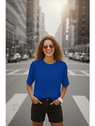 Oksit Mavi Mily Kadın Oversize Basic Bisiklet Yaka Pamuklu T-Shirt ...