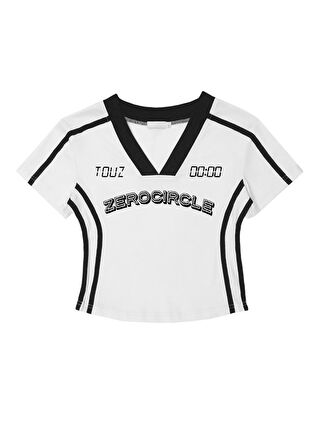 Touz Moda Y2k Zerocircle Baskılı V Yaka Şeritli Beyaz Crop - S000132069-20063 | LCW