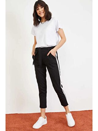Siyah Bianca Lucci Kadın Yan Beyaz Şerit Beli Lastikli Crep Pantolon ...