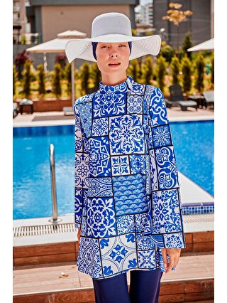 Bej Marina Mayo İp Bağlamalı 4'lü Lacivert Çini Desenli Tam Kapalı ...