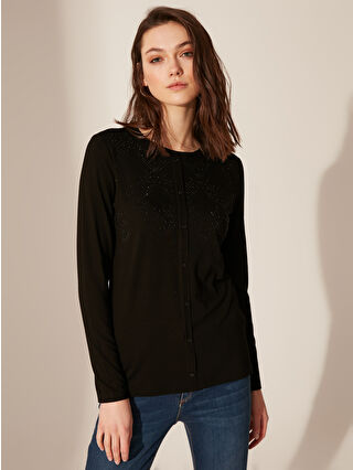 LCW Grace Siyah Bisiklet Yaka Uzun Kollu Kadın Tişört - 0SD631Z8-CVL | LCW