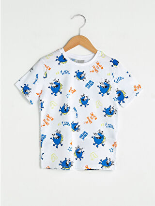 Beyaz Baskılı Bisiklet Yaka Baskılı Kısa Kollu Pamuklu Erkek Çocuk ...