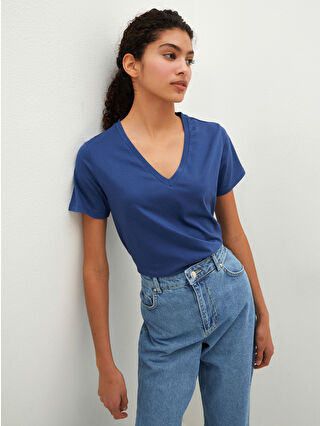 LCW Vision Indigo V Yaka Düz Kısa Kollu Kadın Tişört - S1JQ58Z8-CS6 | LCW