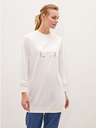 Bej Bisiklet Yaka Baskılı Uzun Kollu Kadın Sweatshirt Tunik - S1JY20Z8 ...