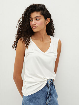 LCW Vision Ekru V Yaka Düz Kolsuz Viskon Kadın Atlet - S1K142Z8-D3W | LCW