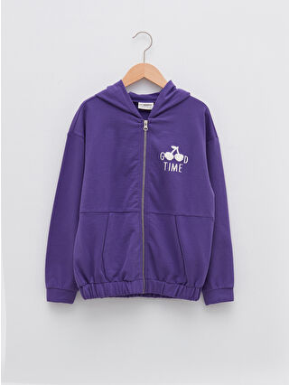 Açık Mor Kapüşonlu Baskılı Uzun Kollu Kız Çocuk Fermuarlı Sweatshirt ...