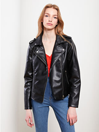 LCW Vision Manteau en similicuir pour Femmes à col motard, détails de poche, manches longues ...