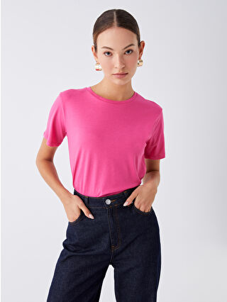 Pembe Bisiklet Yaka Düz Kısa Kollu Kadın Tişört - W3H929Z8-JXK | LCW