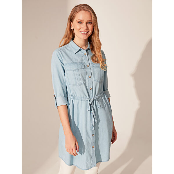 Düğme Detaylı Uzun Kollu Kadın Jean Tunik