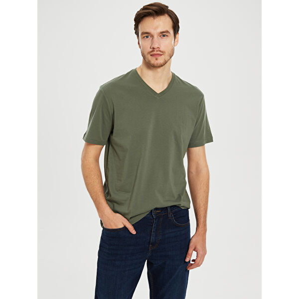 V Yaka Kısa Kollu Basic Pamuklu Erkek Tişört