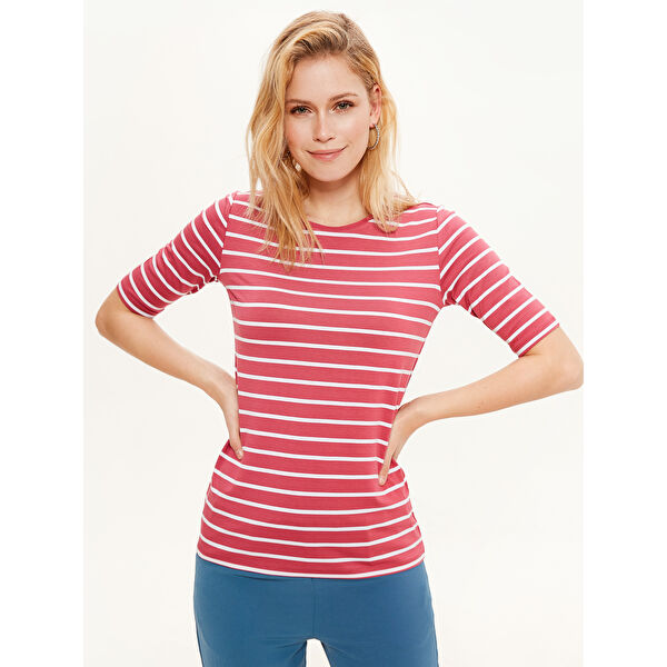 Çizgili Esnek Kısa Kollu Kadın Tişört
