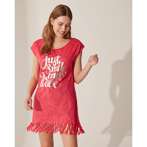 Püsküllü Yazı Baskılı Plaj Elbise