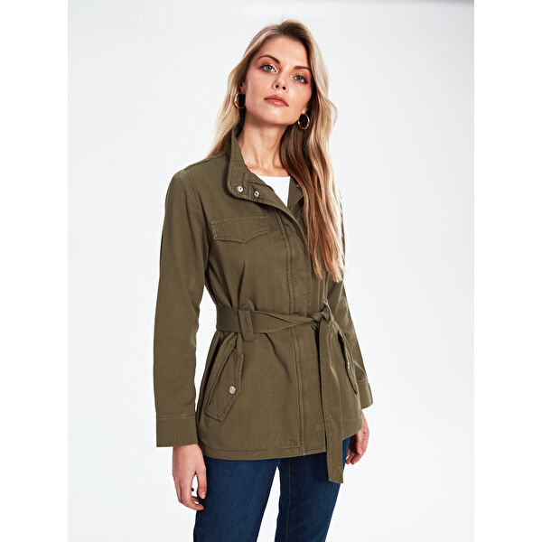 Kuşaklı Dik Yak Uzun Kollu Kadın İnce Mont