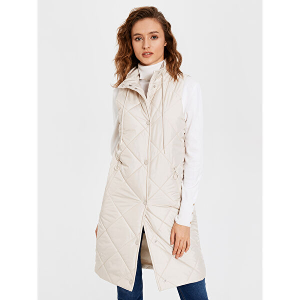 Dik Yaka Kendinden Desenli Cep Detaylı Kadın Yelek