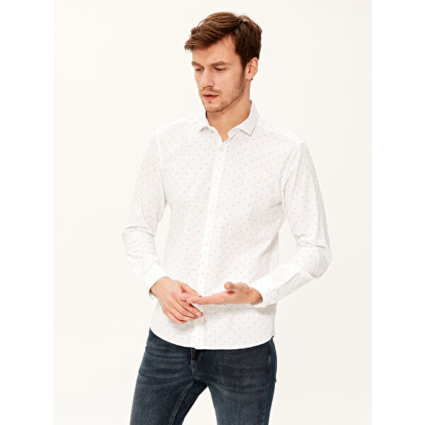 Slim Fit Uzun Kollu Desenli Poplin Erkek Gömlek