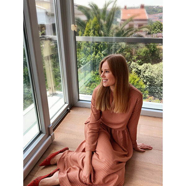 Çizgili Uzun Salaş Viskon Elbise