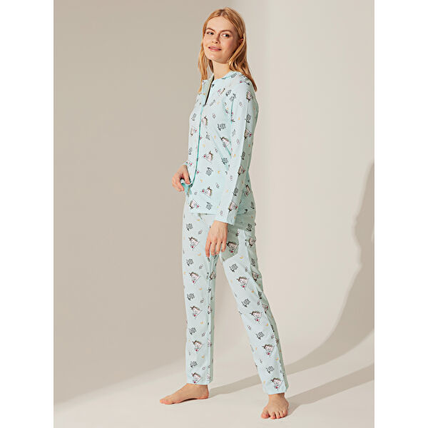 Gömlek Yaka Uzun Kollu Kadın Pijama Takım
