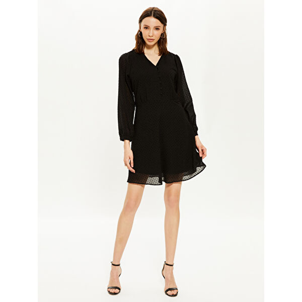 LCW VISION V Yaka Standart Fit Uzun Kollu Şifon Kadın Elbise