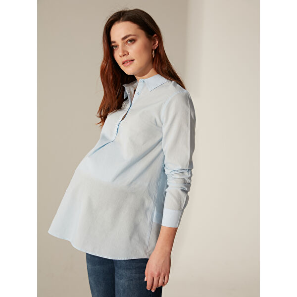 Gömlek Yaka Uzun Kollu Pamuklu Hamile Bluz