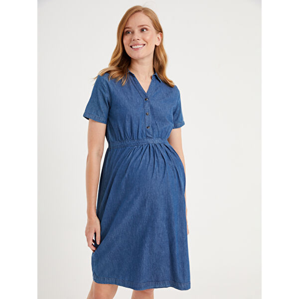 Gömlek Yaka Kısa Kollu Hamile Jean Elbise