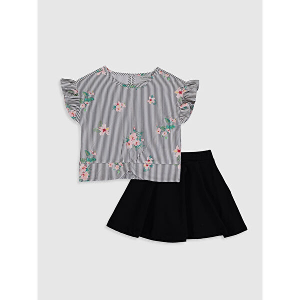Bisiklet Yaka Baskılı Kısa Kollu Kız Çocuk Bluz ve Etek