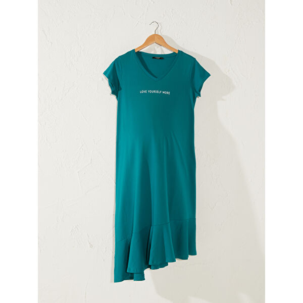 Slogan Baskılı Pamuklu Asimetrik Hamile Elbise