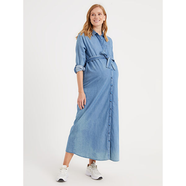 Kuşaklı Uzun Hamile Jean Elbise