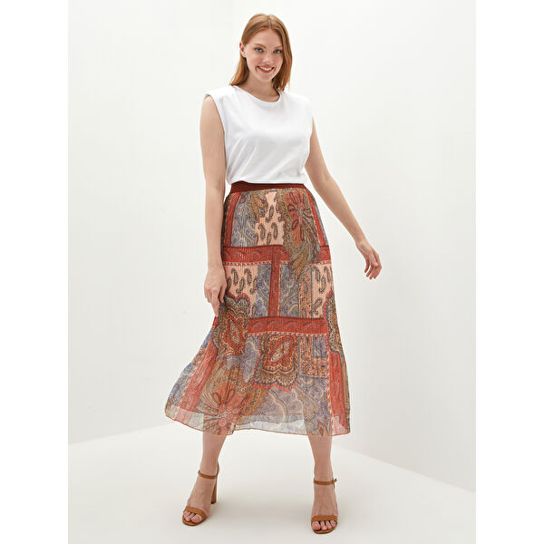 Desenli Pileli Kadın Şifon Etek