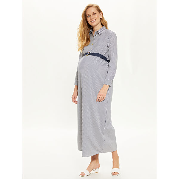 Kuşaklı Çizgili Hamile Elbise