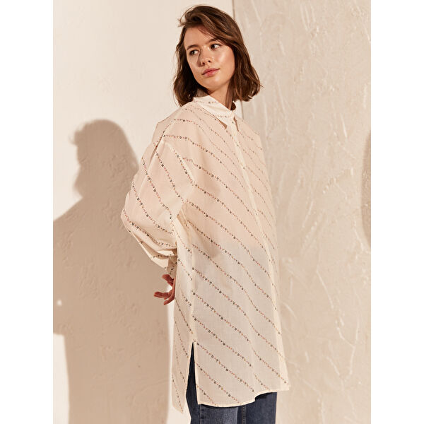 MODEST Gömlek Yaka Desenli Uzun Kollu Oversize Poplin Kadın Tunik