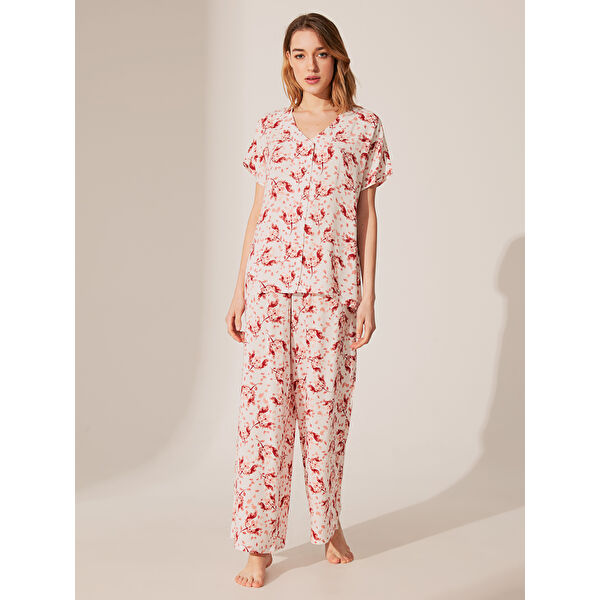 LCW DREAM Gömlek Yaka Desenli Kısa Kollu Kadın Gabardin Pijama Takım