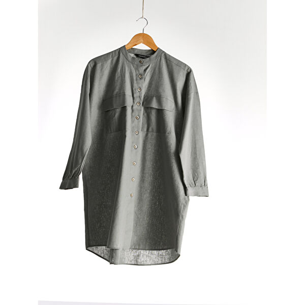 Cep Detaylı Uzun Kollu Kadın Keten Tunik