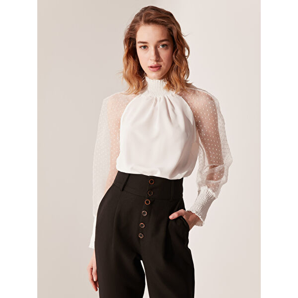 Sateen Tül Kollu Büzgülü Bluz