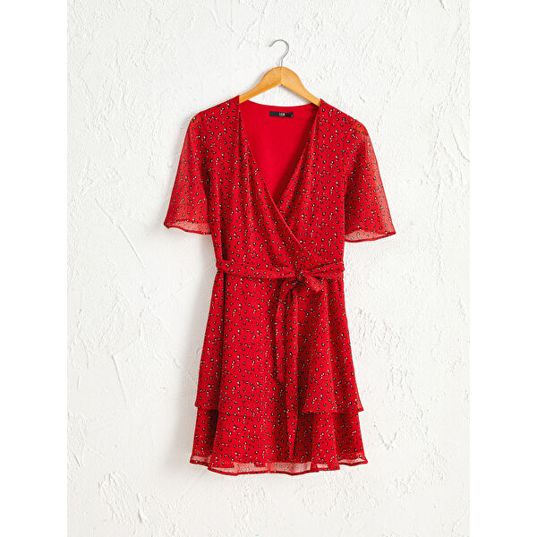 LCW VISION Kruvaze Kısa Kollu Şifon Kadın Desenli Şifon Elbise