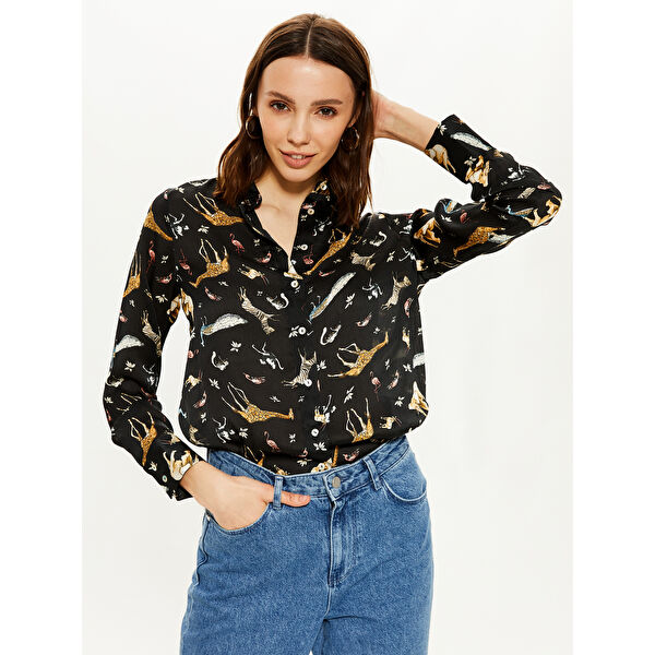 LCW VISION Gömlek Yaka Uzun Kollu Kadın Desenli Saten Gömlek