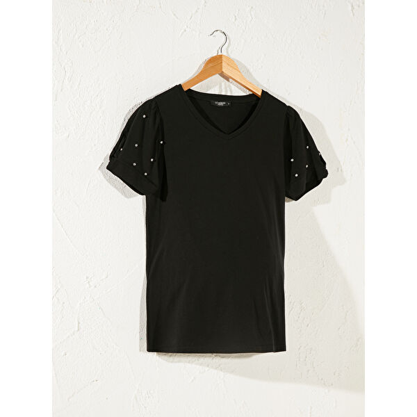 Kolları Işıltılı Pamuklu Hamile Tişört