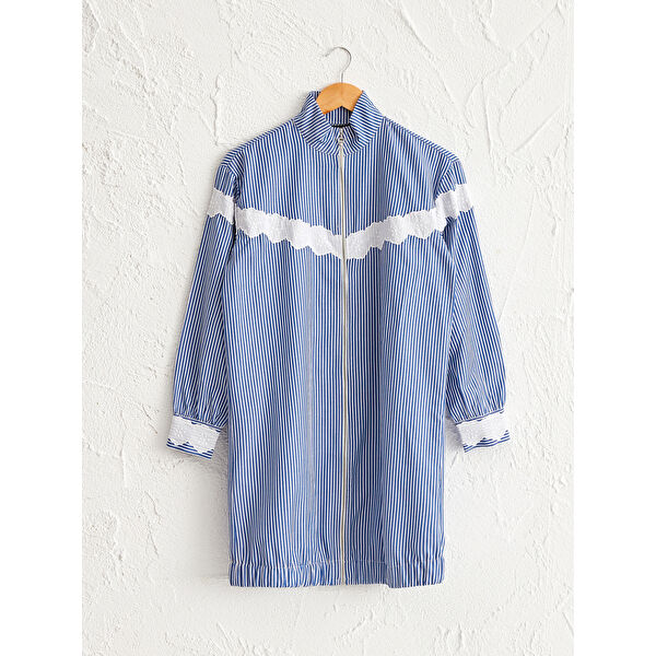 Fisto Detaylı Çizgili Fermuarlı Tunik