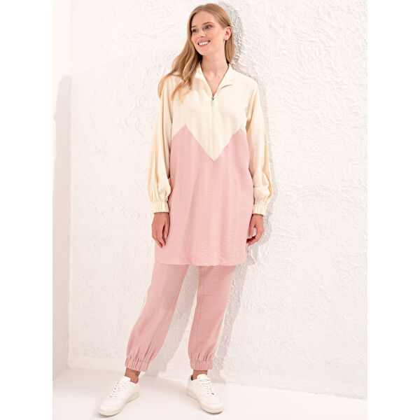 Yakası Fermuarlı Renk Bloklu Tunik