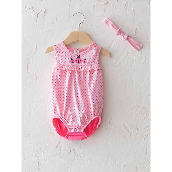 Bisiklet Yaka Puantiyeli Kız Bebek Çıtçıtlı Body ve Saç Bandı