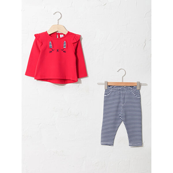 Bisiklet Yaka Uzun Kol Çizgili Kız Bebek Tişört ve Pantolon 2'li